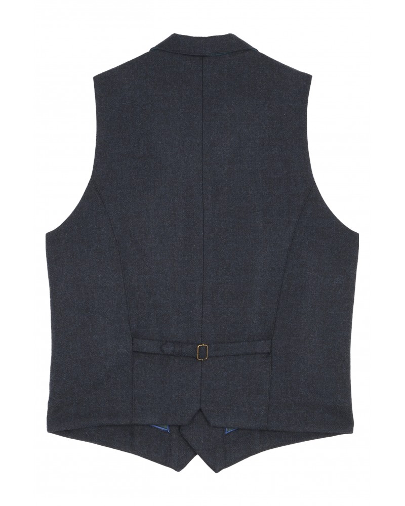 A classic six button style navy waistcoat with a notched lapel